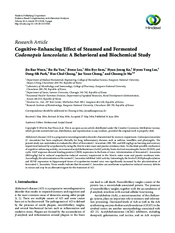 (PDF) Cognitive-Enhancing Effect of Steamed and FermentedCodonopsis lanceolata: A Behavioral and ...