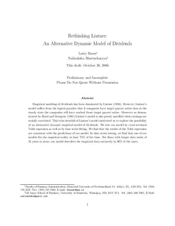 (PDF) Rethinking Lintner: An Alternative Dynamic Model of Dividends