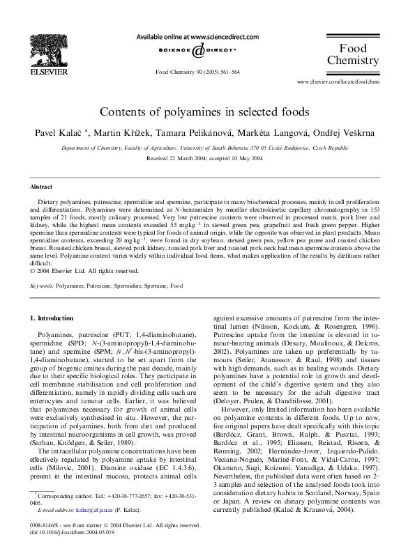 (PDF) Contents of polyamines in selected foods