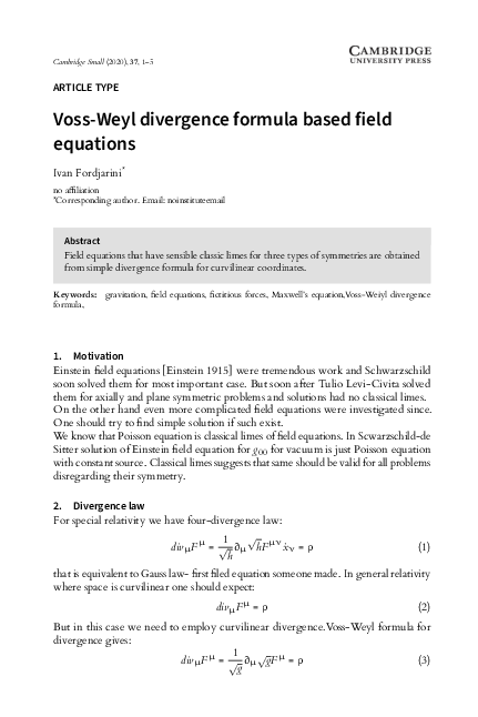 (PDF) Voss-Weyl divergence formula based field equations