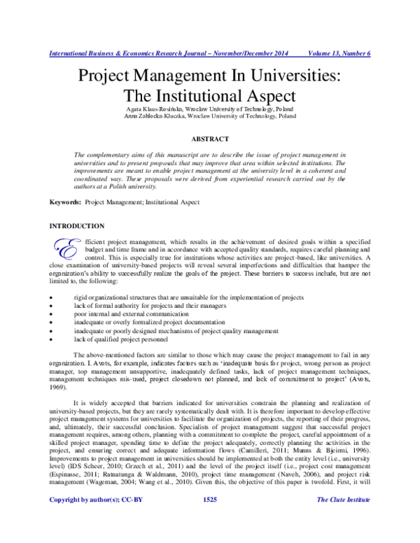 (PDF) Project Management In Universities: The Institutional Aspect