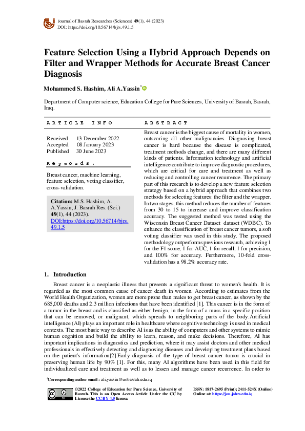 (PDF) Feature Selection Using a Hybrid Approach Depends on Filter and Wrapper Methods for ...