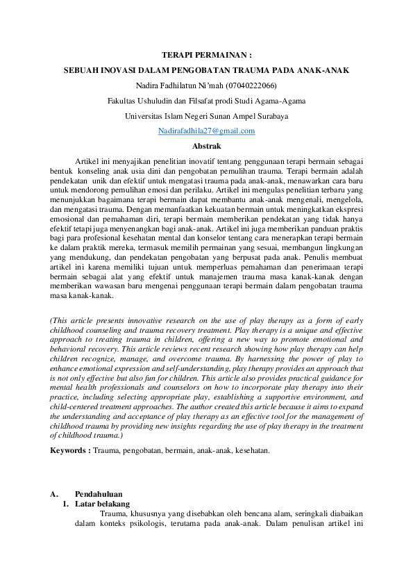 (PDF) TERAPI PERMAINAN : SEBUAH INOVASI DALAM PENGOBATAN TRAUMA PADA ...