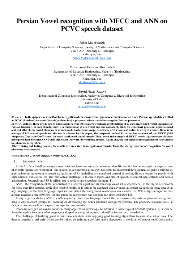 (PDF) Persian Vowel recognition with MFCC and ANN on PCVC speech dataset