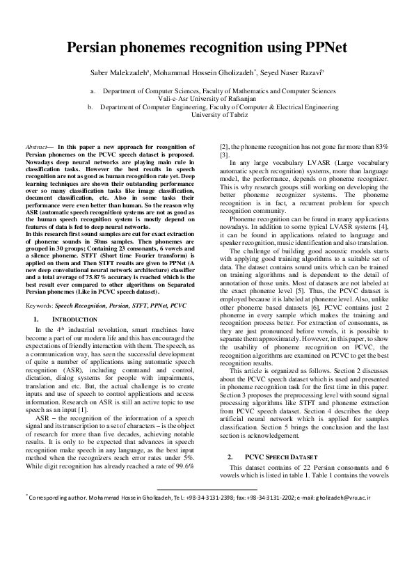 (PDF) The Recognition of Persian Phonemes Using PPNet
