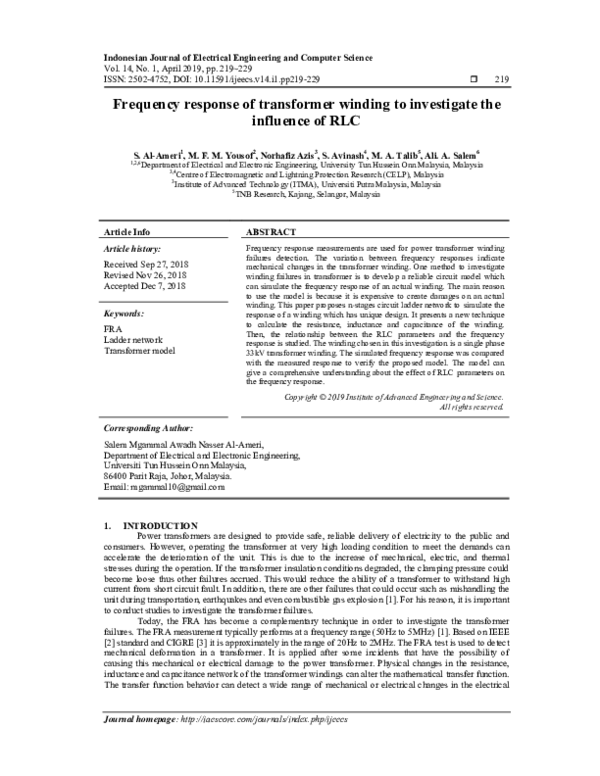 (PDF) Modeling frequency response of transformer winding to investigate the influence of RLC