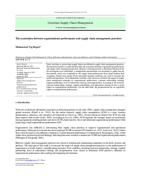 (PDF) The association between organizational performance and supply chain management practices