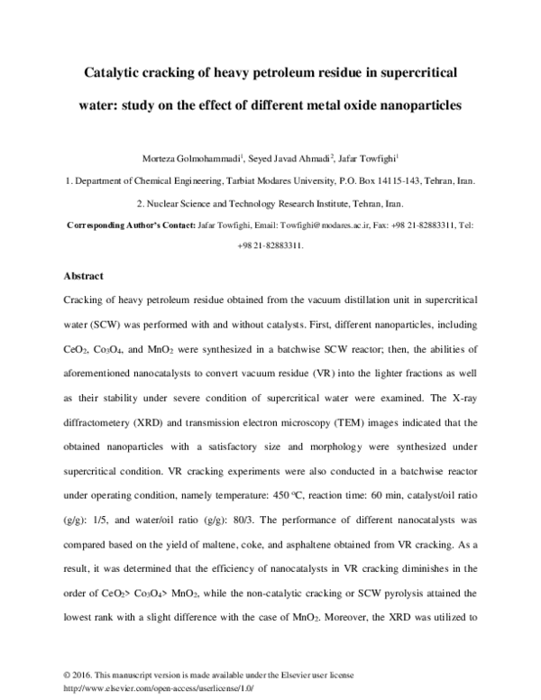 (PDF) Catalytic cracking of heavy petroleum residue in supercritical water: Study on the effect ...
