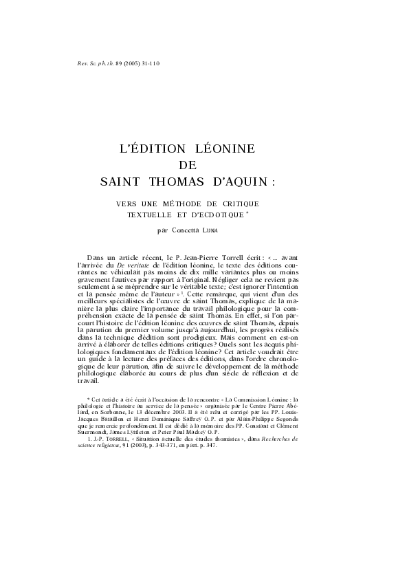 (PDF) L'édition Léonine de Saint Thomas d'Aquin: vers une méthode de ...