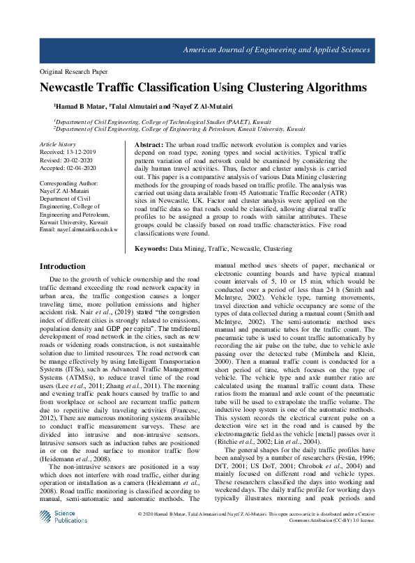 (PDF) Newcastle Traffic Classification Using Clustering Algorithms