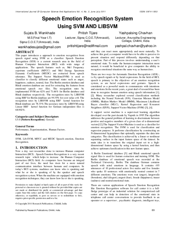 (PDF) Speech Emotion Recognition System Using SVM AND LIBSVM