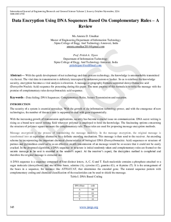 (PDF) Data Encryption Using DNA Sequences Based On Complementary Rules - A Review