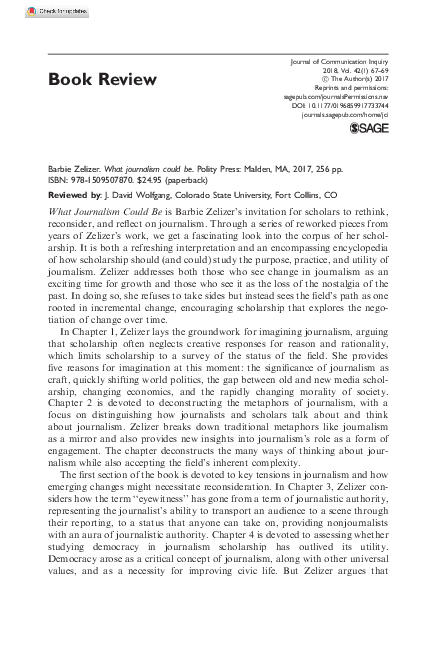 (PDF) What journalism could be, Barbie Zelizer