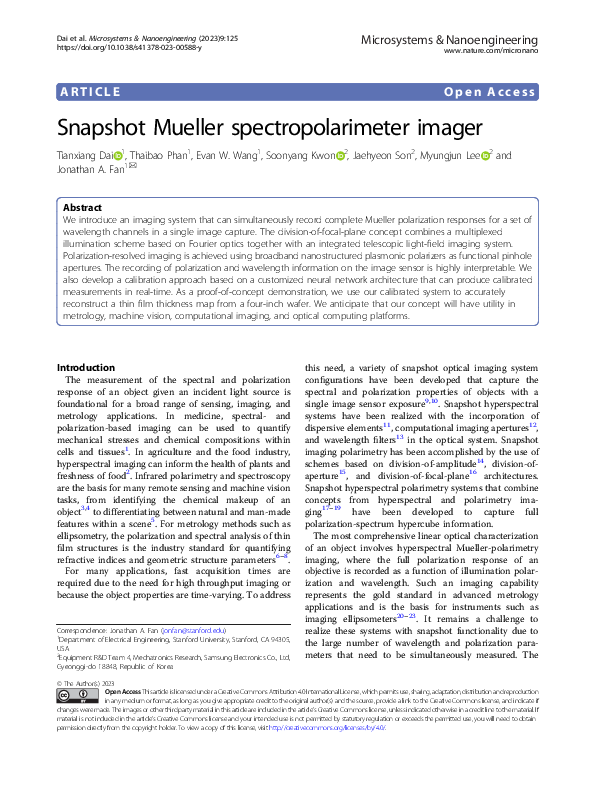 (PDF) Snapshot Mueller spectropolarimeter imager