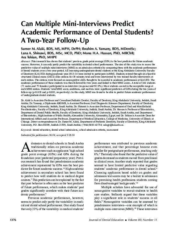 (PDF) Can Multiple Mini‐Interviews Predict Academic Performance of Dental Students? A Two‐Year ...