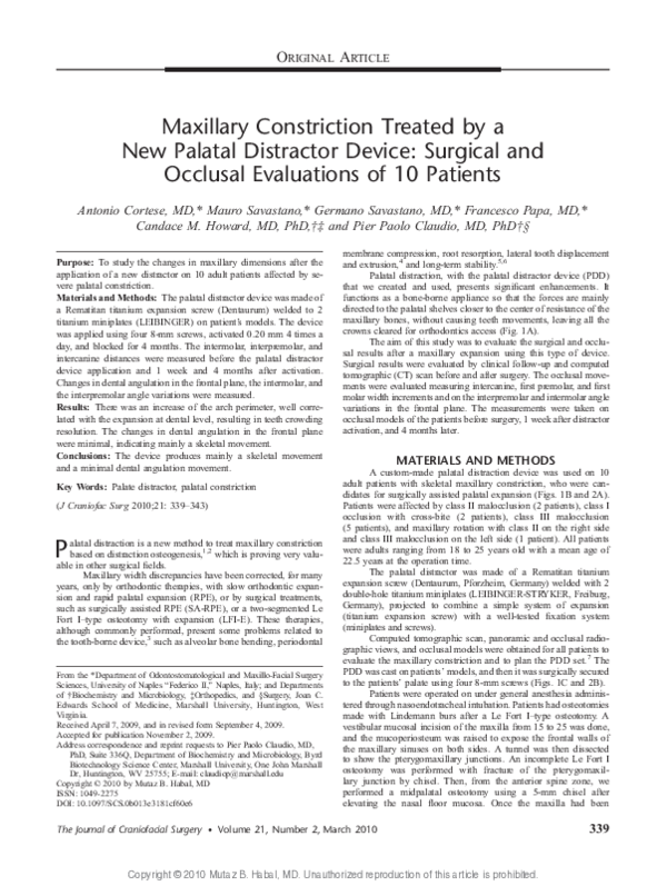 (PDF) Maxillary Constriction Treated by a New Palatal Distractor Device