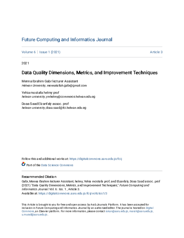 (PDF) Data Quality Dimensions, Metrics, and Improvement Techniques