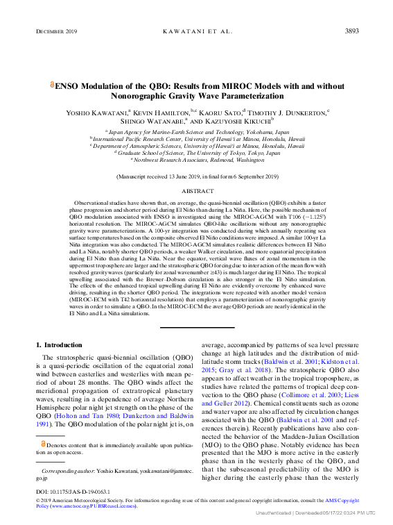 (PDF) ENSO Modulation of the QBO: Results from MIROC Models with and ...