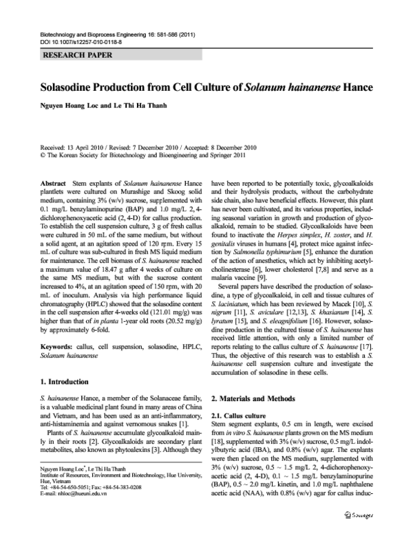 (PDF) Solasodine production from cell culture of Solanum hainanense Hance