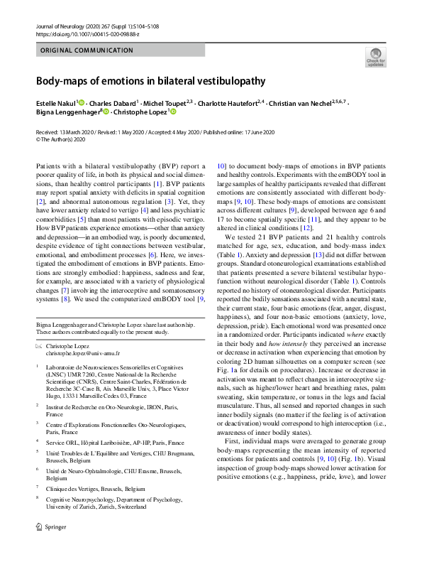 (PDF) Body-maps of emotions in bilateral vestibulopathy