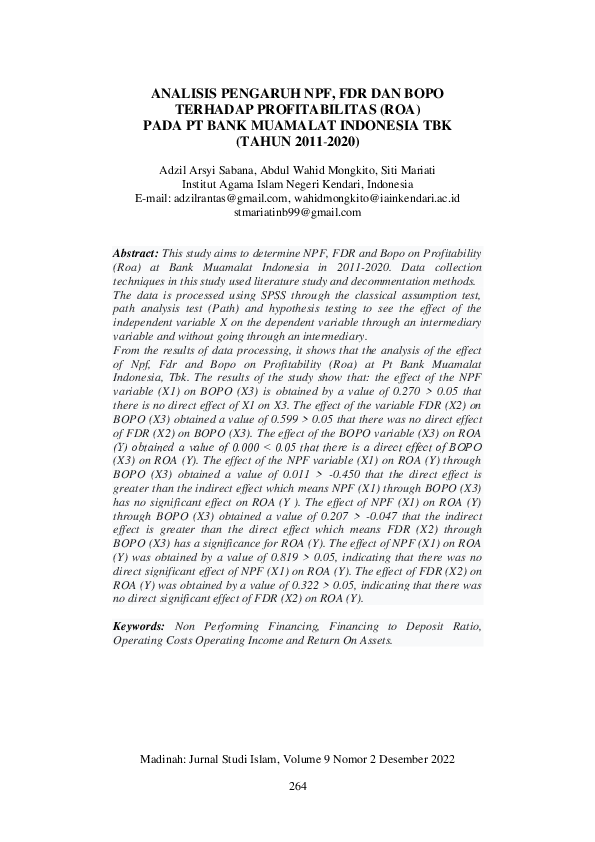 (PDF) Analisis Pengaruh NPF, FDR dan BOPO TERHADAP Profitabilitas (ROA) Pada PT Bank Muamalat ...