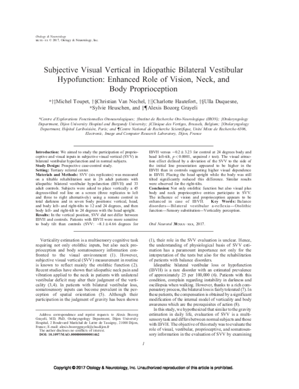 (PDF) Subjective Visual Vertical in Idiopathic Bilateral Vestibular ...