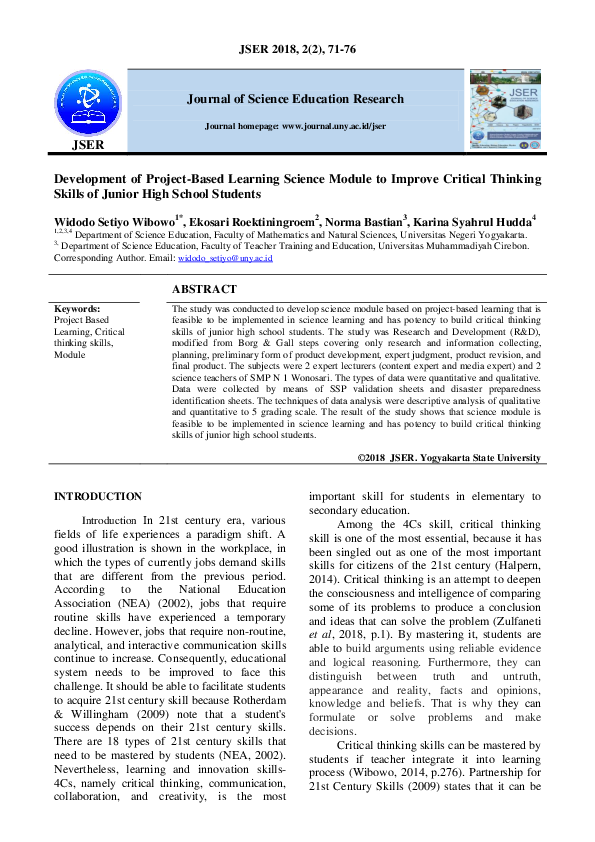 (PDF) Development of Project-Based Learning Science Module to Improve Critical Thinking Skills ...