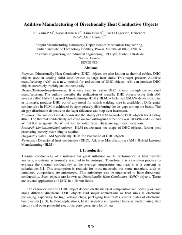 (PDF) Additive Manufacturing of Directionally Heat Conductive Objects