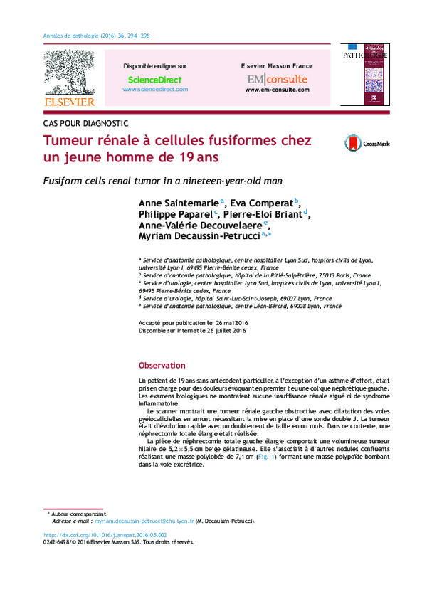 (PDF) Tumeur rénale à cellules fusiformes chez un jeune homme de 19ans