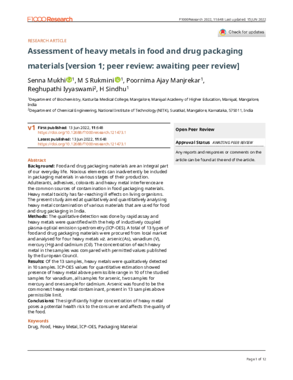 (PDF) Assessment of heavy metals in food and drug packaging materials