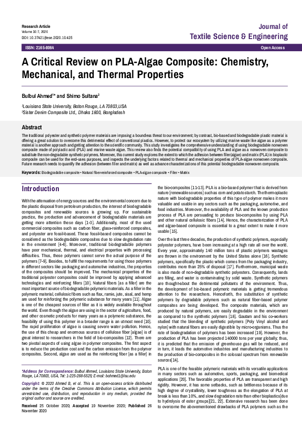 (PDF) A Critical Review on PLA-Algae Composite: Chemistry, Mechanical ...