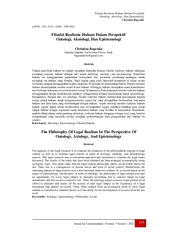 (PDF) Filsafat Realisme Hukum Dalam Perspektif Ontologi, Aksiologi, Dan ...