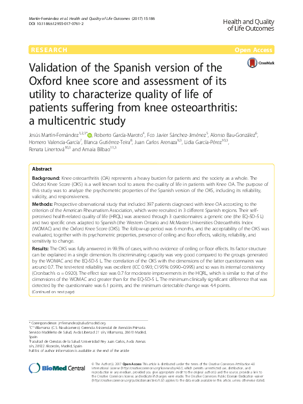 (PDF) Validation of the Spanish version of the Oxford knee score and ...