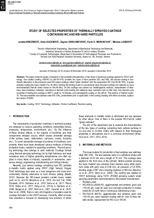 (PDF) Study of Selected Properties of Thermally Sprayed Coatings Containing WC and WB Hard Particles