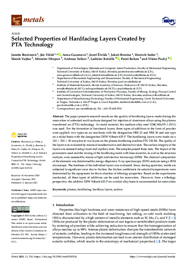 (PDF) Selected Properties of Hardfacing Layers Created by PTA Technology