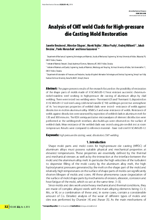 (PDF) Analysis of CMT weld Clads for High-pressure die Casting Mold ...