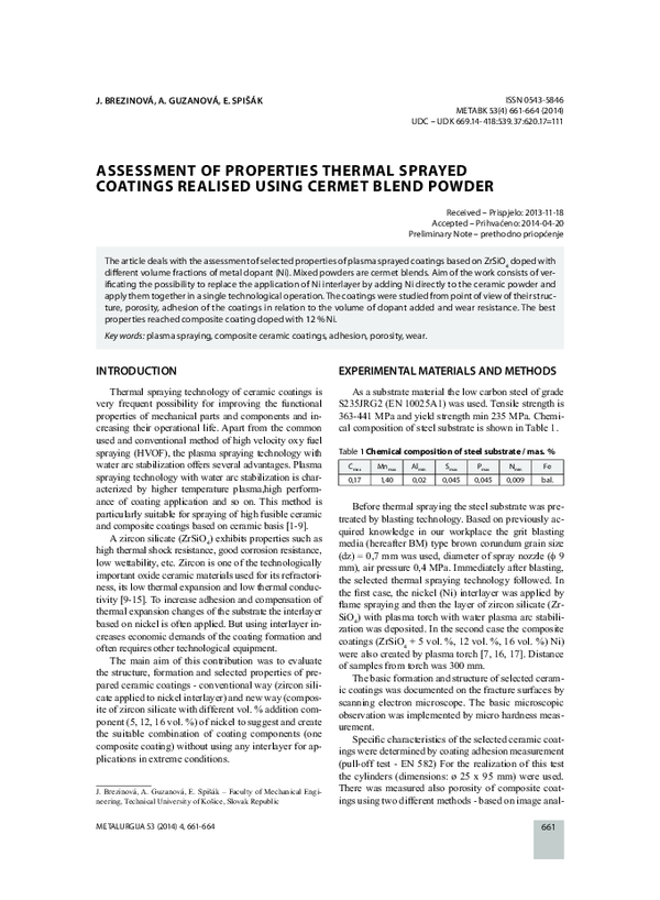 (PDF) Assessment of properties thermal sprayed coatings realised using ...