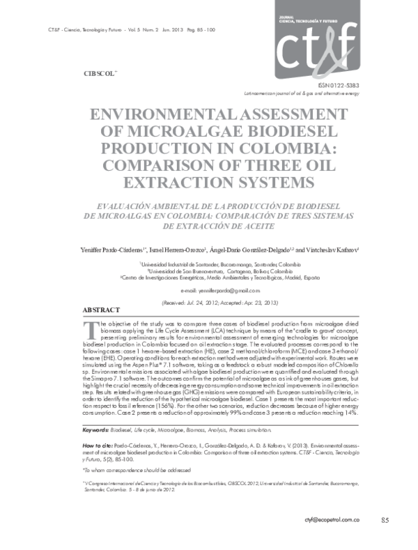 (PDF) Environmental assessment of microalgae biodiesel production in Colombia: Comparison of ...