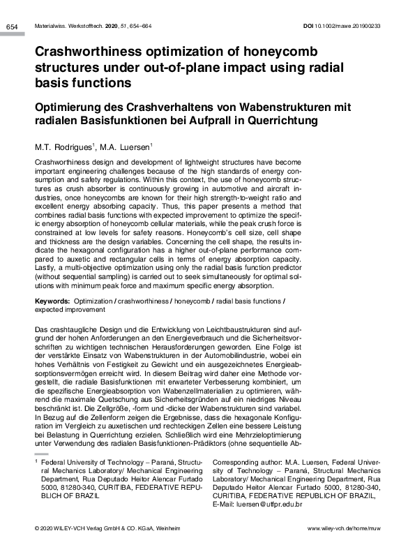 (PDF) Crashworthiness optimization of honeycomb structures under out‐of‐plane impact using ...