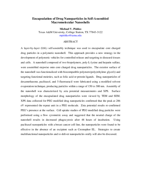 (PDF) Encapsulation of Drug Nanoparticles in Self-Assembled Macromolecular Nanoshells