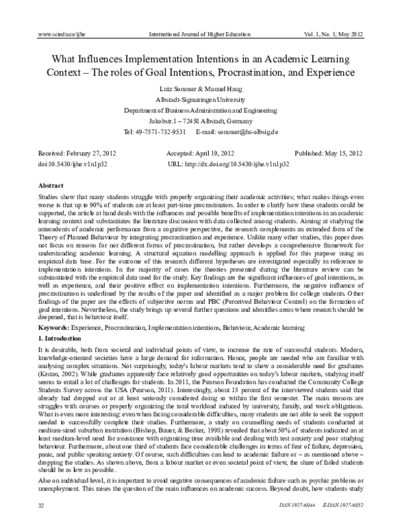 (PDF) What Influences Implementation Intentions in an Academic Learning Context – The roles of ...