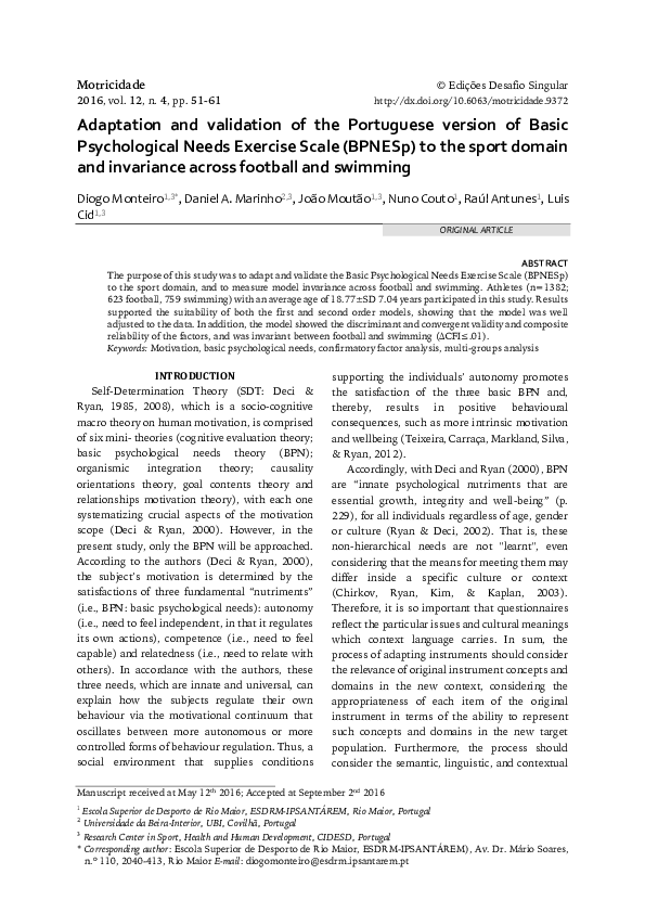 Pdf Adaptation And Validation Of The Portuguese Version Of Basic Psychological Needs Exercise