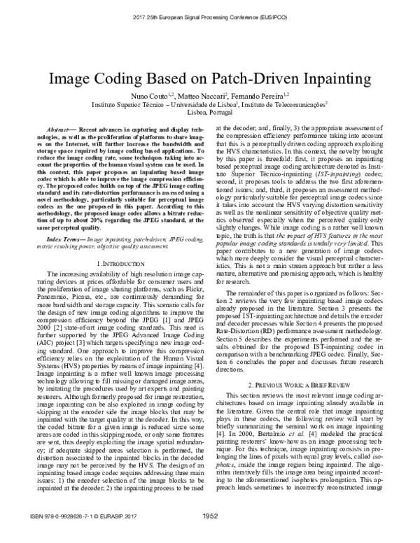 (PDF) Image Coding Based on Patch-Driven Inpainting