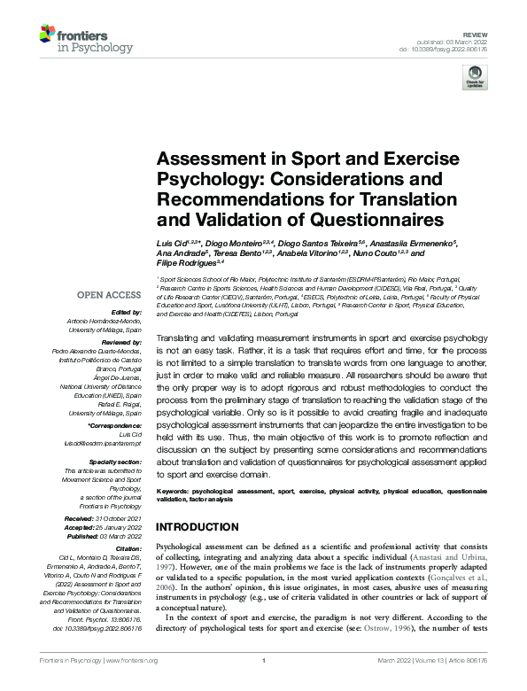 (PDF) Assessment in Sport and Exercise Psychology: Considerations and ...