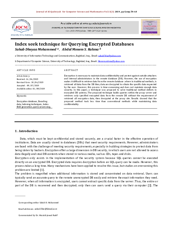 (PDF) Index seek technique for Querying Encrypted Databases