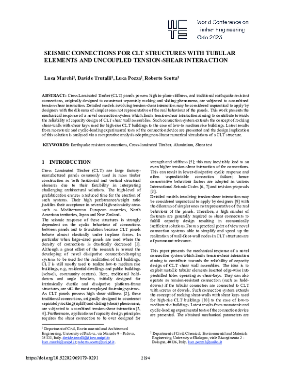 (PDF) Seismic Connections for CLT Structures with Tubular Elements and Uncoupled Tension-Shear ...