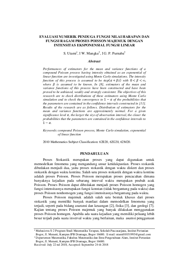 (PDF) Evaluasi Numerik Penduga Fungsi Nilai Harapan Dan Fungsi Ragam Proses Poisson Majemuk ...