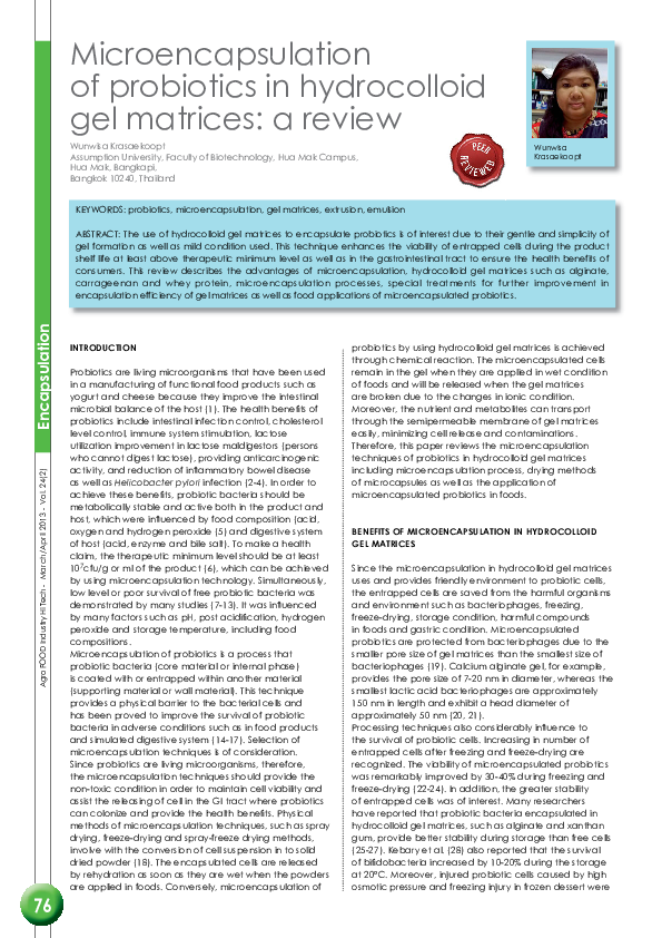 Pdf Microencapsulation Of Probiotics In Hydrocolloid Gel Matrices A Review