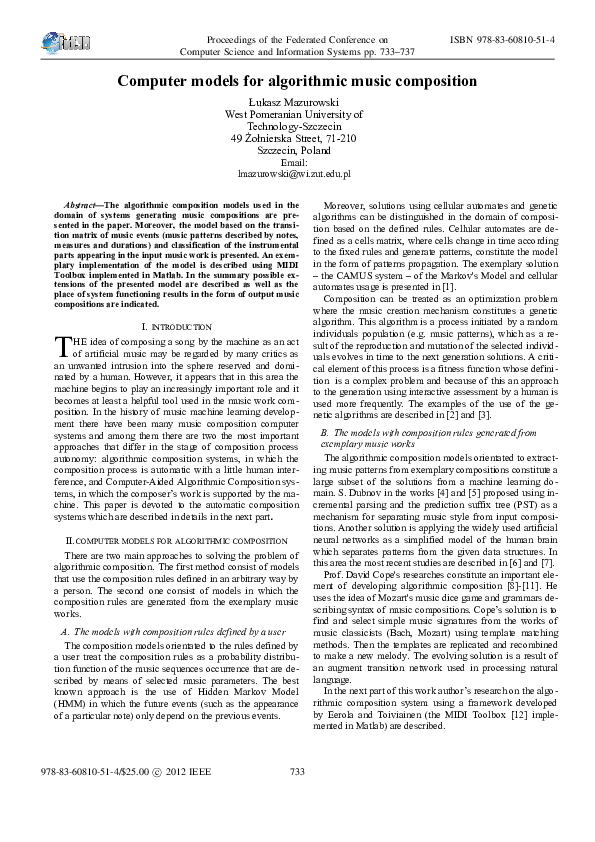 (PDF) Computer models for algorithmic composition