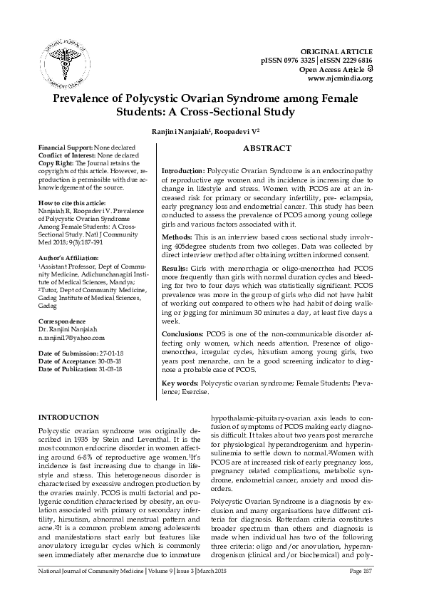 (PDF) Prevalence of Polycystic Ovarian Syndrome among Female Students: A Cross-Sectional Study